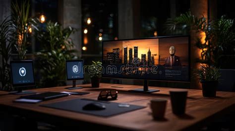 Office Workspace Setup With Multiple Monitors Urban Cityscape Tech Environment Evening Lighting