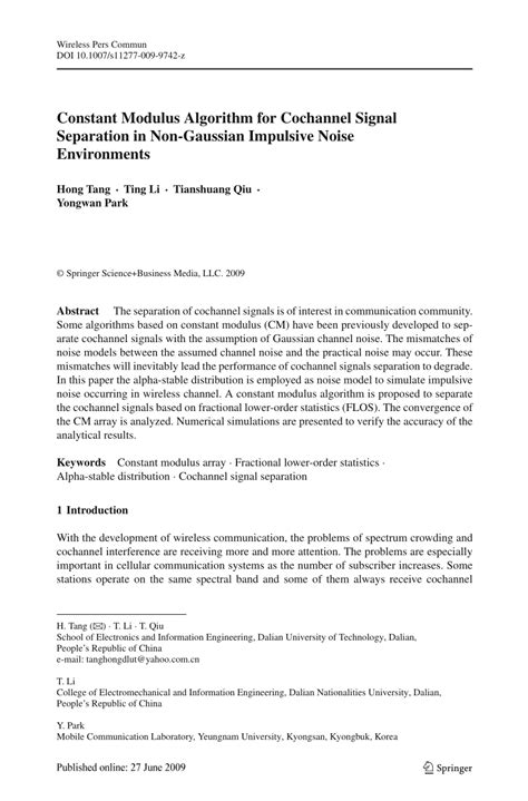 PDF Constant Modulus Algorithm For Cochannel Signal Separation In Non