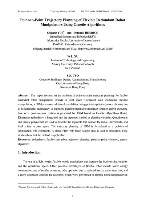 pdf point to point trajectory planning of flexible redundant robot