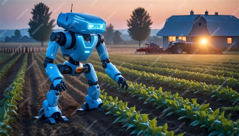 Premium Photo A Robot In A Field Of Corn With A Tractor In The Background