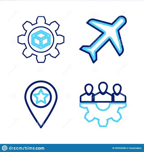 Set Line Project Team Base Location With Star Plane And Product Development Icon Vector Stock