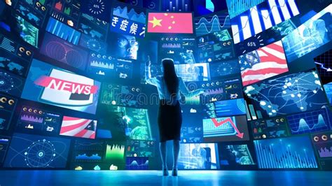 Back View Of Woman Actively Interacts With A Vast Wall Of Glowing Digital Screens Displaying