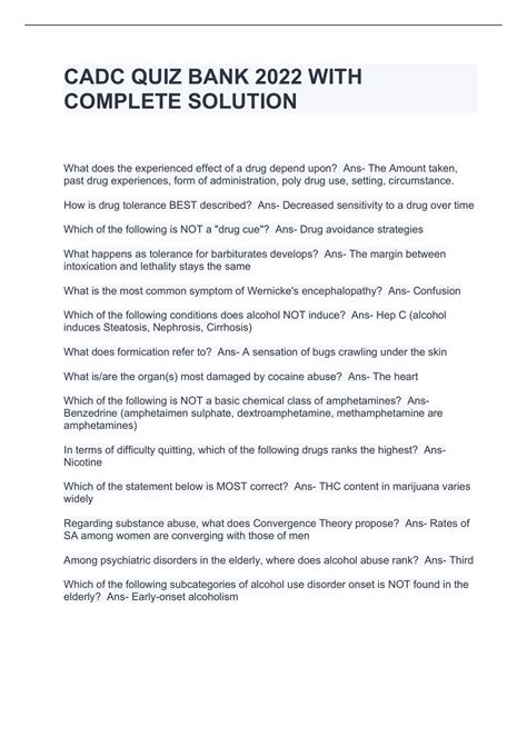 CADC QUIZ BANK 2022 WITH COMPLETE SOLUTION CADC Illinois Certified Addiction Drug Counselor