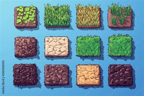2d Game Art Pixel Art Sprite Sheet Of Ground Textures For A Side Scrolling Game With A Flat
