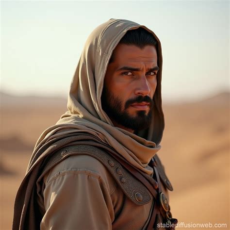 Closeup Of Assassins Creed Style Man In Desert Landscape Stable