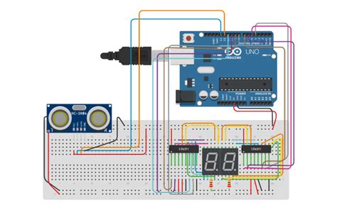 Circuit Design Sensor Ultrasónico Con Dos Displays De 7 Segmentos Tinkercad