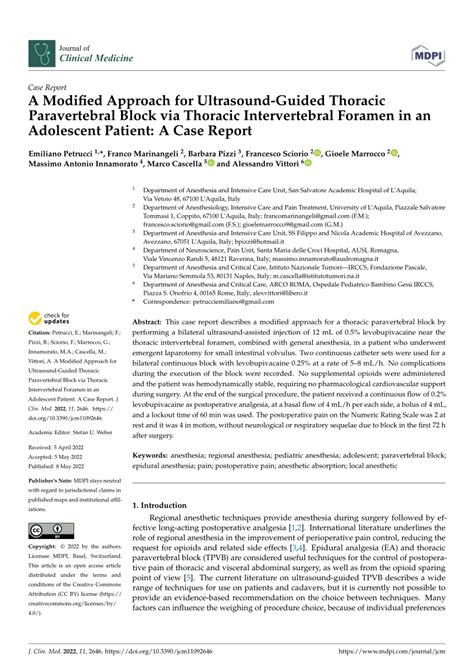 Pdf A Modified Approach For Ultrasound Guided Thoracic Paravertebral Block Via Thoracic
