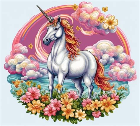 Premium Ai Image Unicorn Standing In The Flowers With A Rainbow In The Background Generative Ai