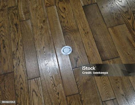 숨겨진 Ip4 소켓은 지면 바닥에 있습니다 단단한 나무 바닥 연간 반지의 질감과 방수 플랩 캡이 있는 회색 덮개가 있는 판자 메탈 그레이 원형 연결용 힌지 콘센트에 대한