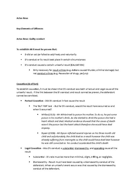 Actus Reus And Mens Complete Lecture And Seminar Notes Summarised Actus Reus Key Elements Of