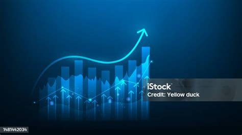 파란색 배경에 성장 금융 투자를 그래프로 표시합니다 달성 목표는 화살표 위쪽 그래프로 표시됩니다 투자 금융 증가 벡터 일러스트레이션 환상적인 기술 증권 시장과 거래소에 대한