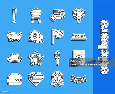 깃발 달력 날짜 7 월 4 일 택시 자동차 지붕 미국 독립 기념일 동전 돈 달러 지도 야구 방망이 및 미국 아이콘과 함께 라인 카니발 화환을 설정합니다 벡터 0명에 대한