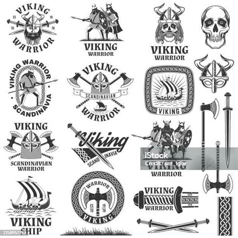 바이킹 전사 로고 배지 스티커 세트입니다 벡터 일러스트 레이 션입니다 엠블럼 라벨 및 패치용 흑백 스타일의 바이킹 헬멧 교차
