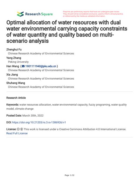 PDF Optimal Allocation Of Water Resources With Dual Water