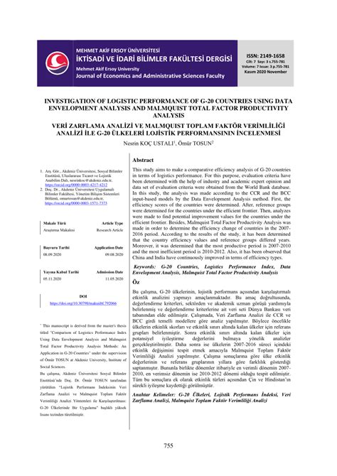 Pdf Investigation Of Logistic Performance Of G 20 Countries Using Data Envelopment Analysis
