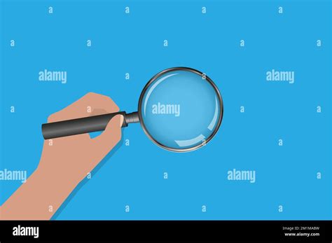Hand Holding Magnifying Glass Against Blue Background Research And Examination Concept Vector