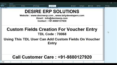 70068 Custom Fields Creation For Voucher Entry In Tally Prime 30
