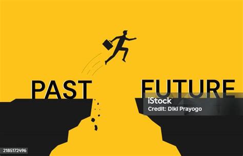 실루엣 남자는 과거에서 미래로 절벽에 점프 계속해서 지속적으로 개선 개념 점프에 대한 스톡 벡터 아트 및 기타 이미지 점프