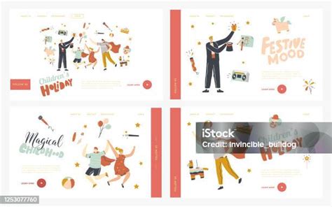 놀이 쇼 방문 페이지 템플릿 세트 애니메이터 캐릭터는 마법의 트릭을 수행하고 슈퍼 히어로의 역할을 재생 하는 어린이 생일