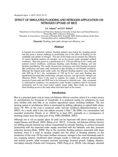 Pdf Effect Of Simulated Flooding And Nitrogen Application On Nitrogen Uptake Of Rice