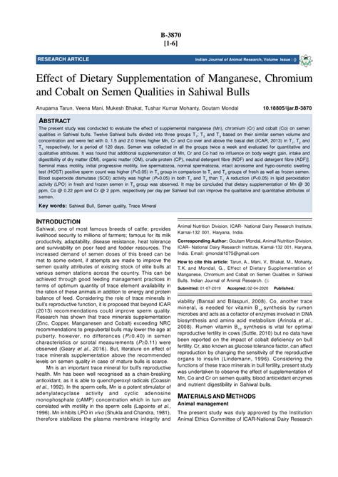 Pdf Effect Of Dietary Supplementation Of Manganese Chromium And Cobalt On Semen Qualities In