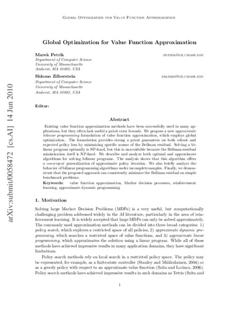 Pdf Global Optimization For Value Function Approximation Global Optimization For Value