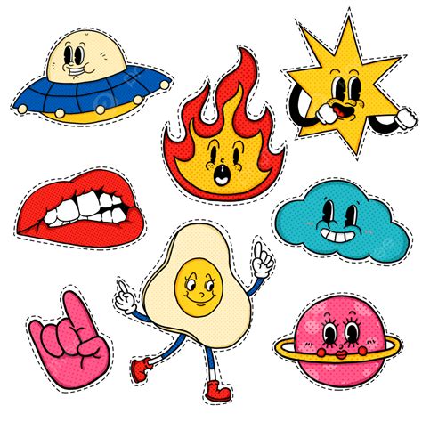 레트로 일러스트 만화 스티커 세트 손 예금 레트로 빈티지 Png 일러스트 및 Psd 이미지 무료 다운로드 Pngtree