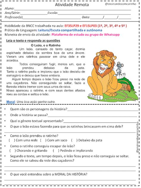 Exerc Cio Com Interpreta O Da F Bula O Le O E O Ratinho Para Aulas Remotas De Acordo Com A Bncc