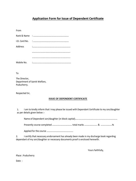 Application For Issue Of Dependent Certificate Pdf