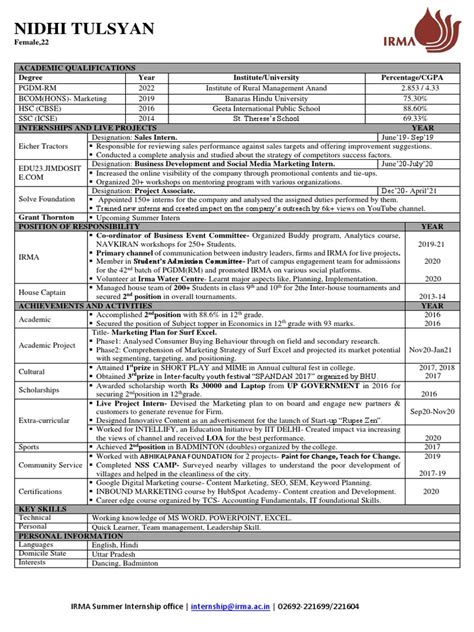 Nidhi Tulsyan Resume Internship Pdf Marketing Search Engine