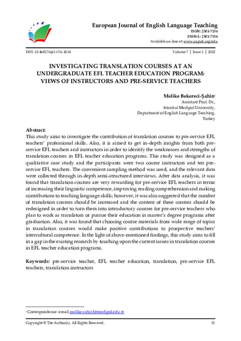 Pdf Investigating Translation Courses At An Undergraduate Efl Teacher Education Program Views