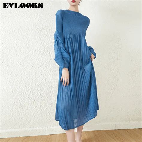 Evlooks Miyak 여성용 주름 블루 롱 드레스 우아한 O넥 긴팔 루즈핏 패션 타이드 2023 봄 여름 L266 신제품 Aliexpress