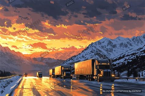 Ai创作图交通运输物流快递 交通运输货物运输 西部雪景交通 物流封面素材 物流原创设计 高原物流 冷链快递 最新道路运输条例 卡车插画 卡车车流 货运专线 长途货运 物流效果图 外贸插画 交通
