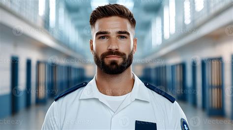 A Corrections Officer In Uniform Standing In A Prison Facility Corridor
