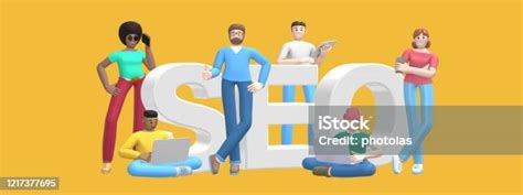 노란색 배경에 단어 Seo입니다 노트북 태블릿 전화와 젊은 다문화 성공적인 사람들의 그룹 수평 배너 만화 캐릭터와 웹 사이트 슬로건 3d 렌더링 검색 엔진에 대한 스톡 사진