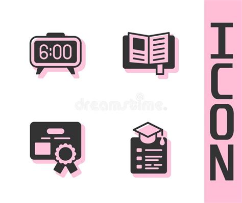 Set Online Education Digital Alarm Clock Certificate Template And Reading Book Icon Vector