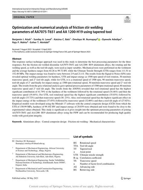 Optimization And Numerical Analysis Of Friction Stir Welding Parameters