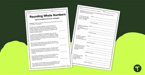 rounding whole numbers word problem and error analysis worksheet