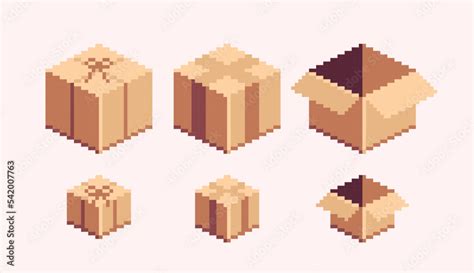 Vetor De Cardboard Box Pixel Art Set Paper Crate Open And Closed