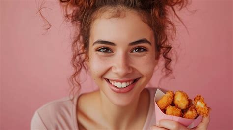 Premium Photo Cheerful Beautiful Girl Smiling While Eating Nuggets On