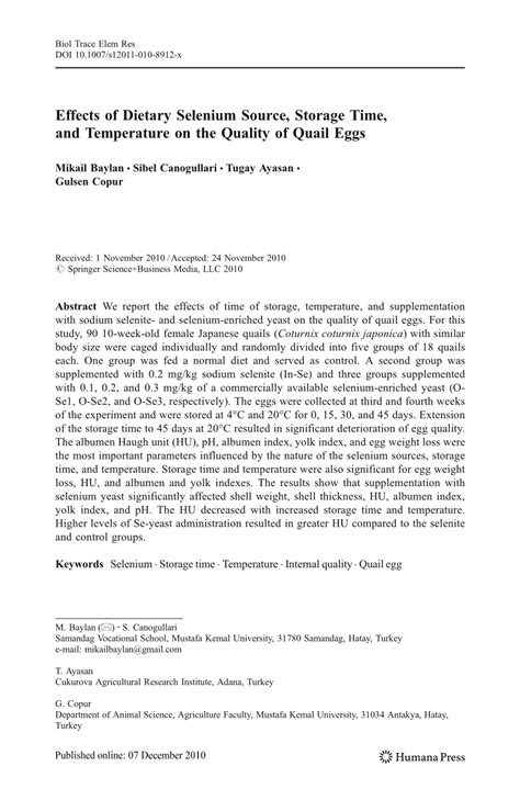 Pdf Effects Of Dietary Selenium Source Storage Time And Temperature On The Quality Of Quail Eggs
