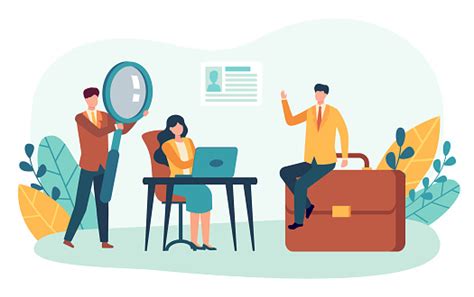 면접 돋보기로 후보자를 확인하는 Hr 전문가 신입사원 채용 서류 가방에 앉아 있는 작업자 성공에 대한 스톡 벡터 아트 및 기타