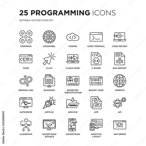 Set Of 25 Programming Linear Icons Such As Command Cogwheel Coding