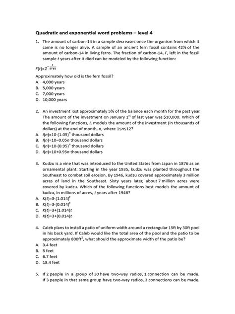 Quadratic And Exponential Word Problems Level 4 Pdf