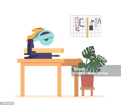 목재 교수형 클램프 톱 망치 및 끌이 있는 작업대에 톱 도구가 있는 목공 작업장 작업대 작업 장비에 대한 스톡 벡터 아트 및 기타 이미지 작업대 작업 장비 우드샵 톱