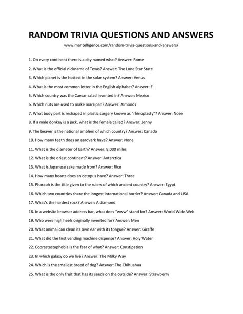 Trivia Questions And Answers Printable Trivia Questions With