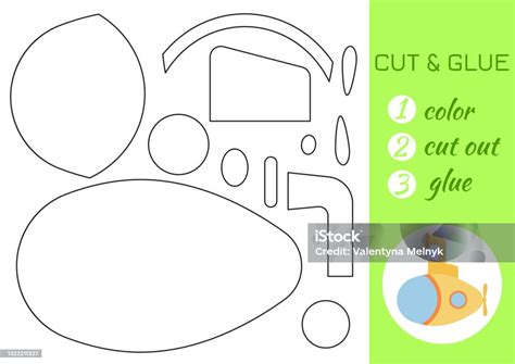 색상 절단 및 접착제 종이 노란색 잠수함 공예 활동 페이지를 잘라 내고 붙여 넣습니다 유치원 어린이를위한 교육 게임 Diy 워크 시트 아이 로직 게임 활동 퍼즐 벡터 스톡