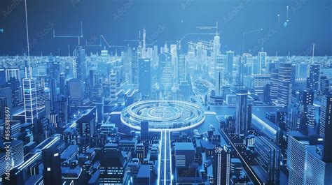 Create A 3d Style Smart City Scene Blue And White Scheme Centered
