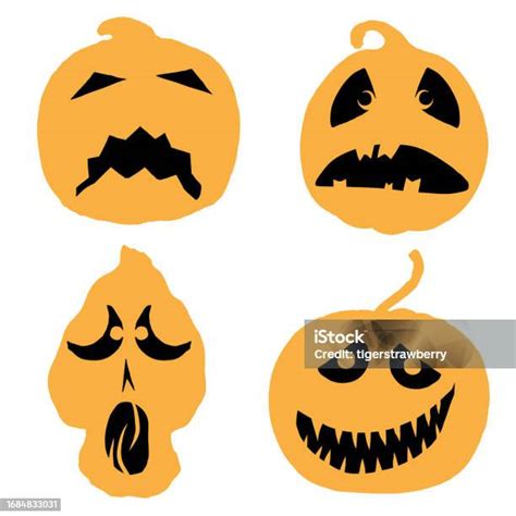 할로윈 얼굴과 캐릭터가 있는 호박의 실루엣 세트 할로윈 호박 컬렉션 모양 눈 코 감정 소름 끼치고 으스스한 요소 장식 벡터 10
