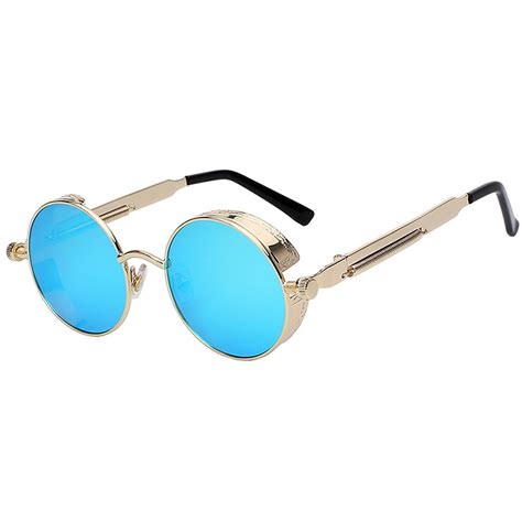 060 C2 Steampunk Gothic Sunglasses Metal Round Circle Gold Frame Blue Ice Mirror Lens One Pair